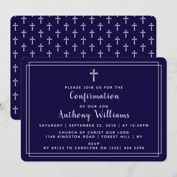 Simple Navy Blue & White Holy Cross Confirmation Invitation | Zazzle
