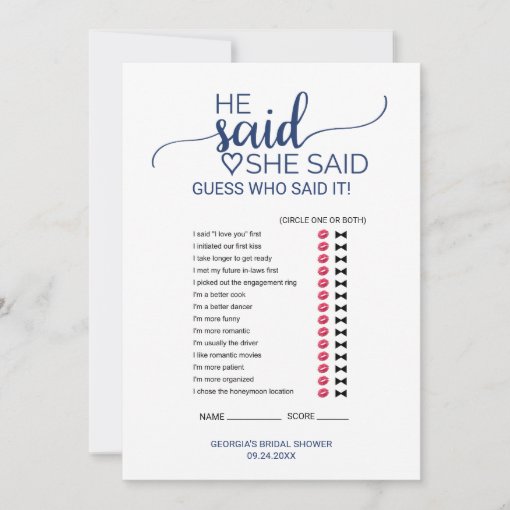Simple Navy Calligraphy He Said She Said Game Card | Zazzle