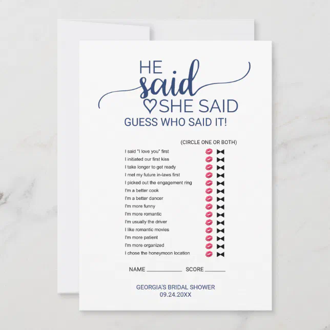 Simple Navy Calligraphy He Said She Said Game Card | Zazzle
