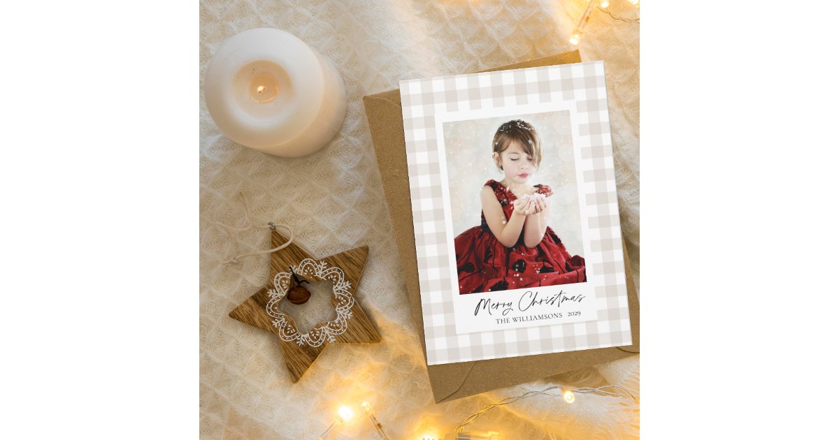 Simple Neutral Gingham Photo Christmas Card | Zazzle