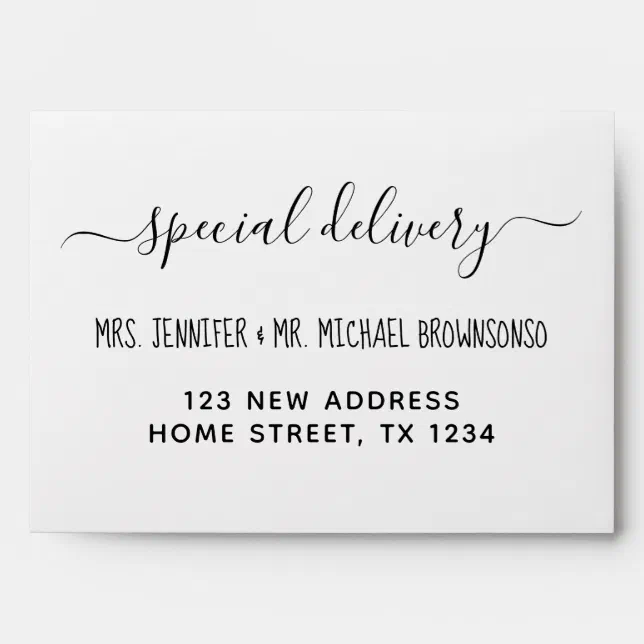 Simple new home special delivery newly weds script envelope | Zazzle