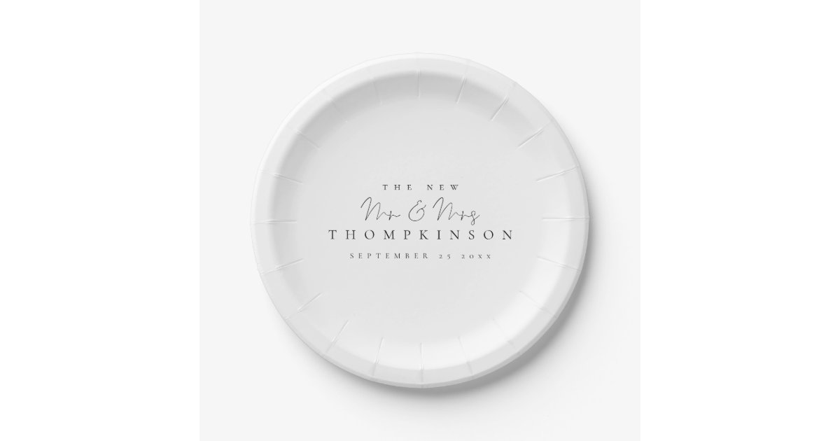 Simple New Mr and Mrs Name Date Script Paper Plates | Zazzle