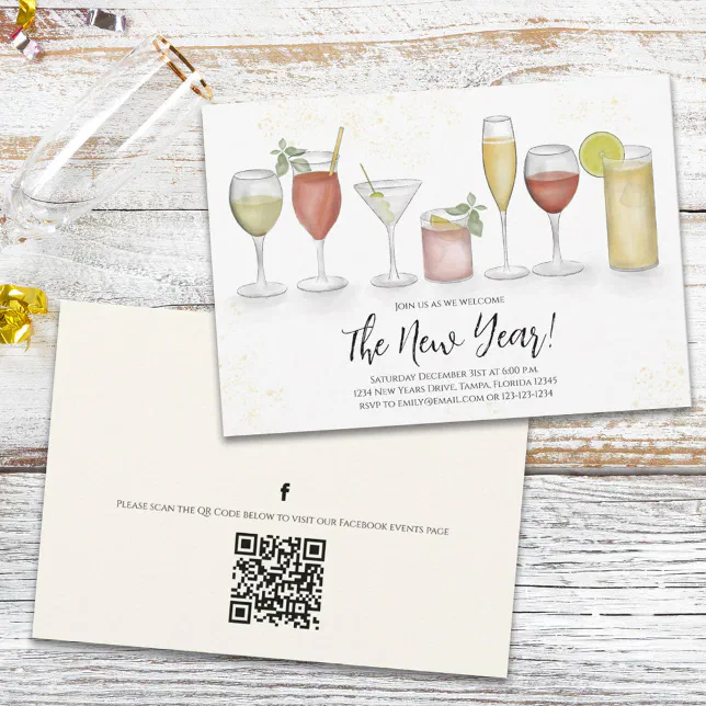 Simple New Years Party Cocktail Drinks QR Code Invitation | Zazzle