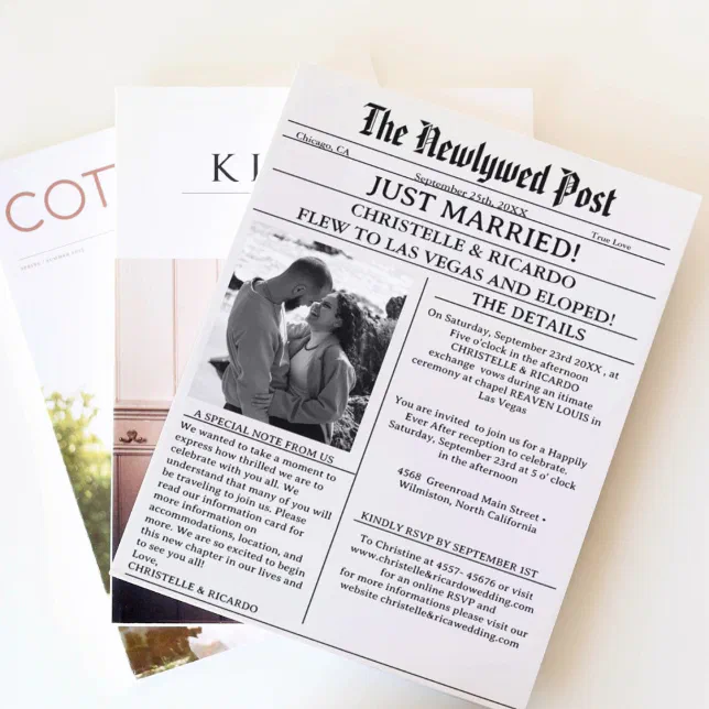 Simple newspaper elopement just married announceme invitation | Zazzle