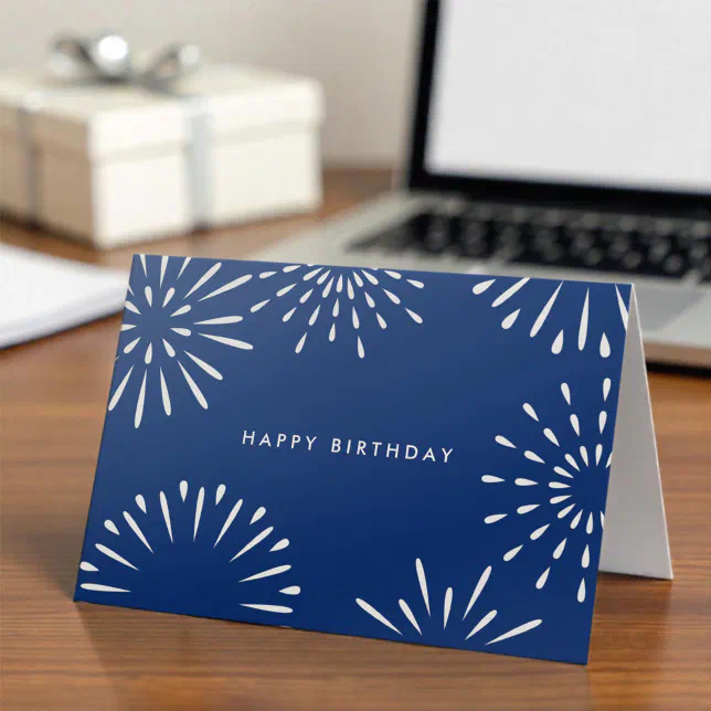 Simple Office Navy Blue White Fireworks Birthday Card | Zazzle
