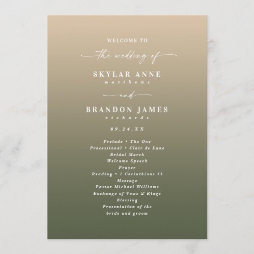 Simple Ombre Dark Green & Gold Wedding Ceremony Program | Zazzle