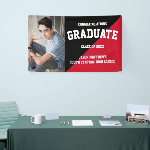 Simple One Photo Black Red Graduation Banner | Zazzle