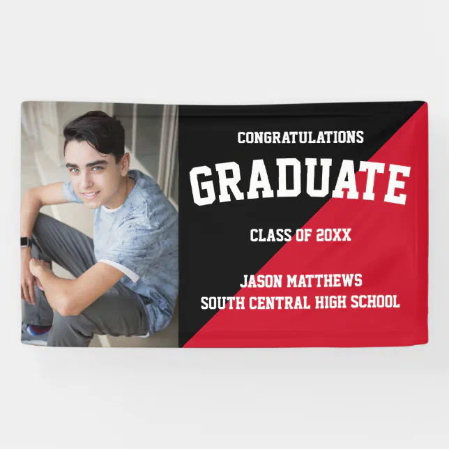 Simple One Photo Black Red Graduation Banner | Zazzle