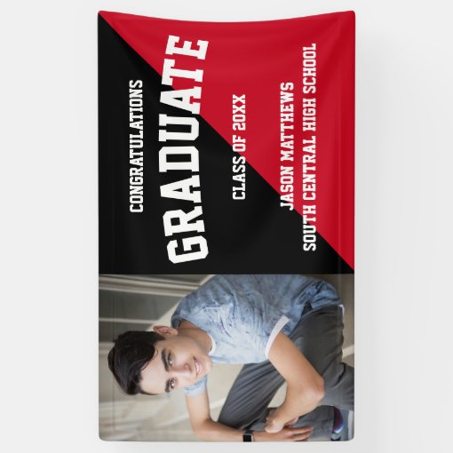Simple One Photo Black Red Graduation Banner | Zazzle