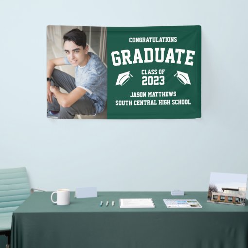 Simple One Photo Medium Green Graduation Banner | Zazzle