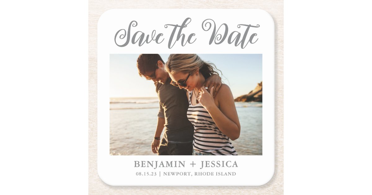 Simple One Photo Wedding Save the Date Square Paper Coaster | Zazzle