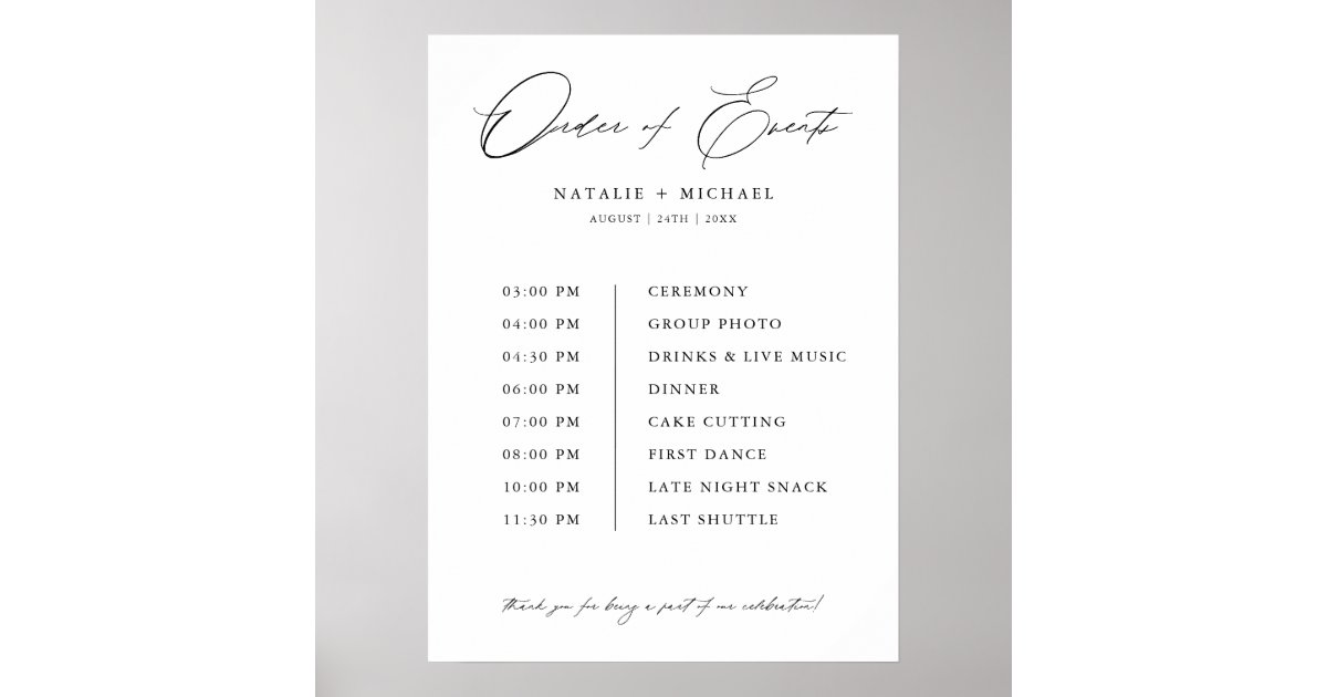 Simple Order Of Events Wedding Schedule Timeline Poster | Zazzle
