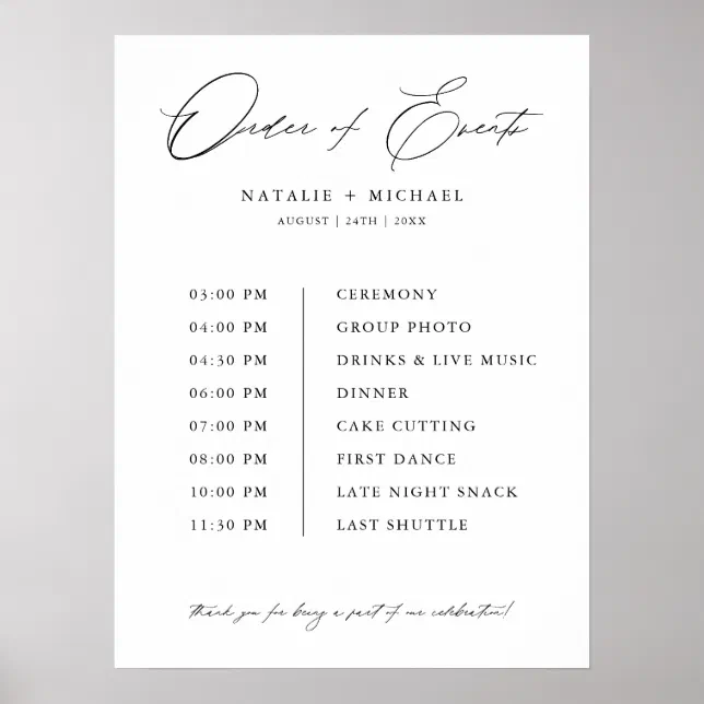 Simple Order Of Events Wedding Schedule Timeline Poster | Zazzle