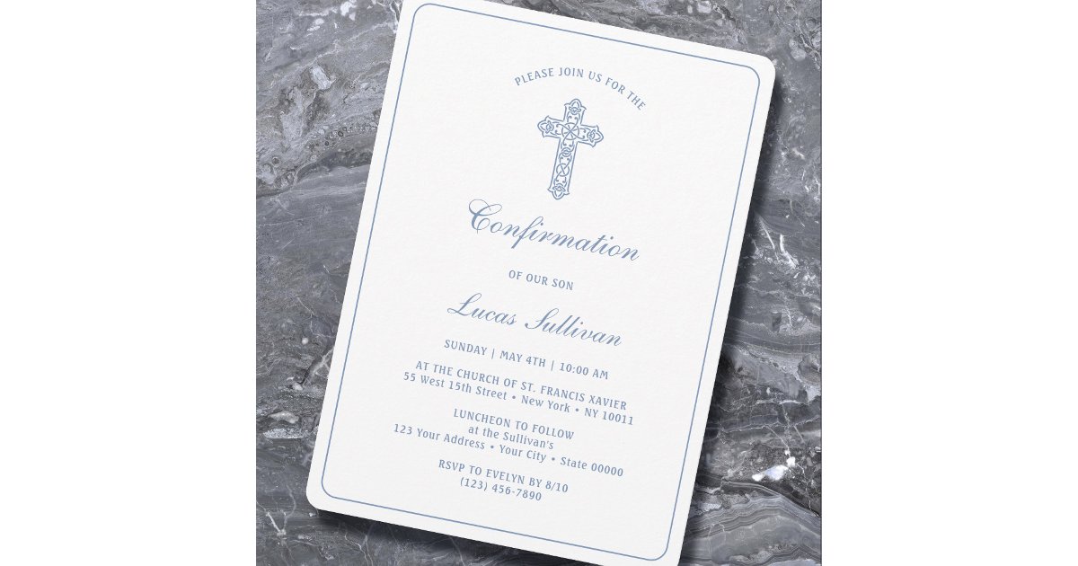 Simple Ornate Blue Cross Confirmation Invitation | Zazzle