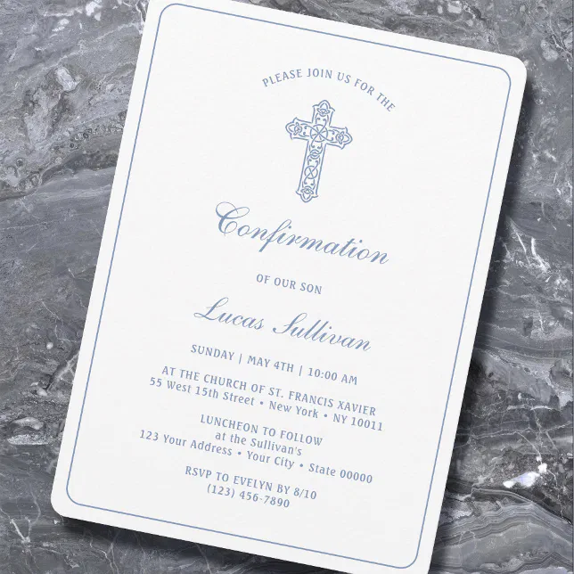 Simple Ornate Blue Cross Confirmation Invitation | Zazzle