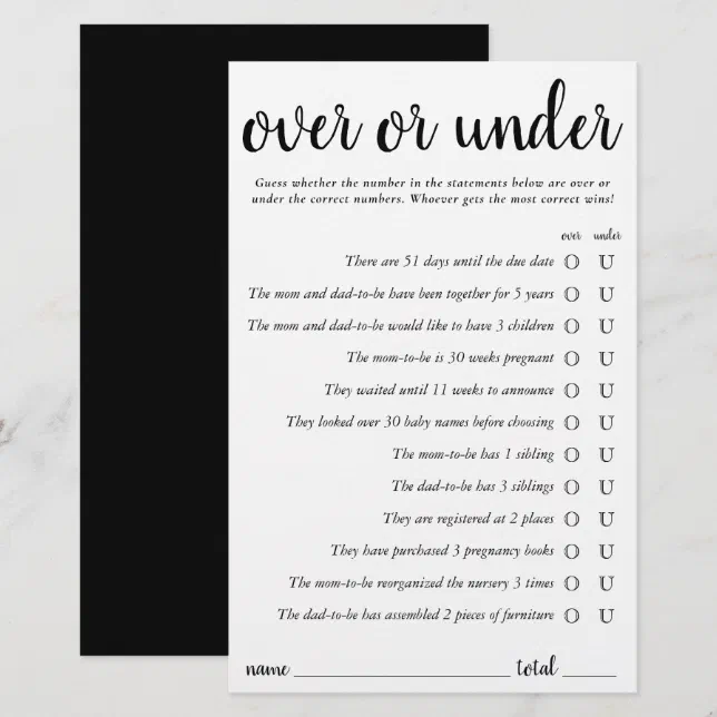 Simple Over or Under | Black and White Game Card | Zazzle