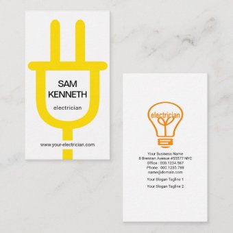 Simple Oversize Yellow Power Plug Electrician Business Card | Zazzle