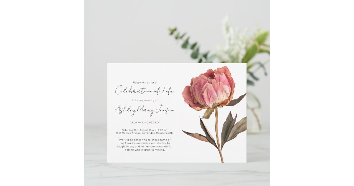 Simple Peony Celebration of Life Funeral Invitation | Zazzle