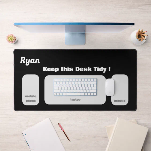 Simple Personalise Name and Message Black Desk Mat | Zazzle