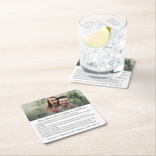 Simple Photo Black Calligraphy Fun Facts Wedding Square Paper Coaster ...