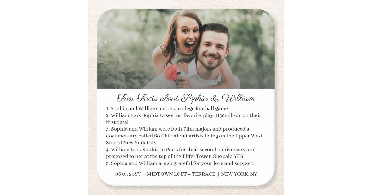 Simple Photo Black Calligraphy Fun Facts Wedding Square Paper Coaster ...