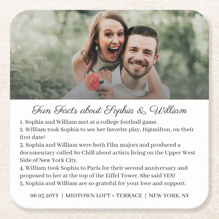 Simple Photo Black Calligraphy Fun Facts Wedding Square Paper Coaster ...