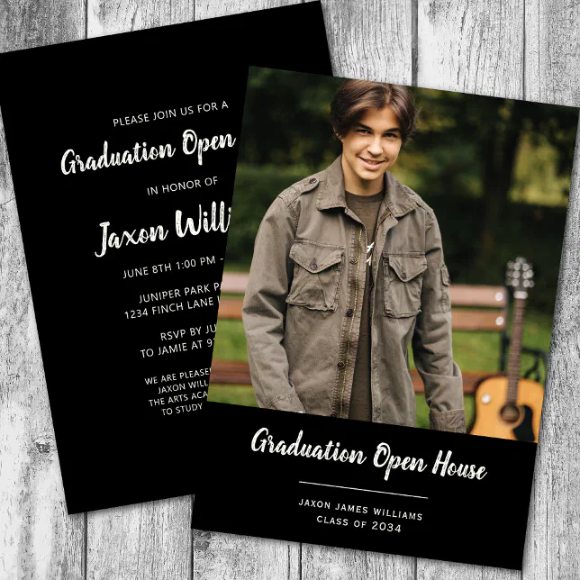 Simple Photo Black Graduation Open House Invitation | Zazzle