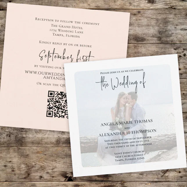 Simple Photo Elegant Minimalist QR Code RSVP Coral Invitation | Zazzle