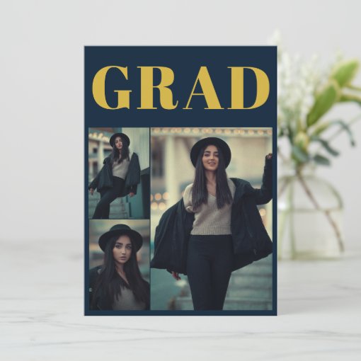 Simple Photo Gold Border | Navy Blue Graduation Invitation | Zazzle