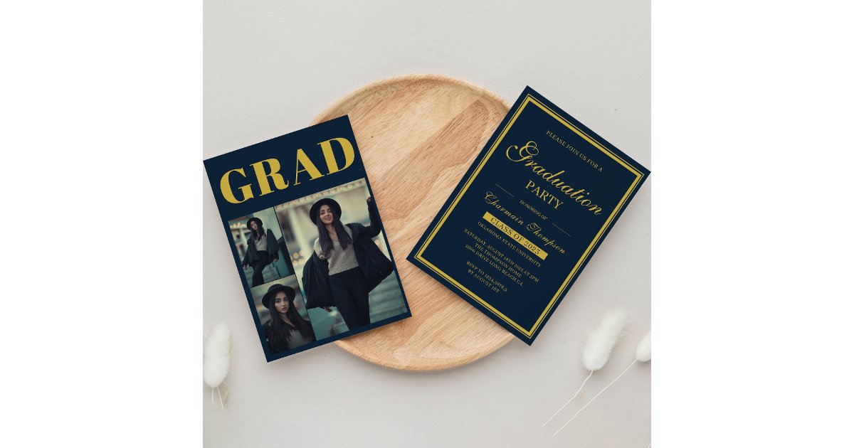 Simple Photo Gold Border | Navy Blue Graduation Invitation | Zazzle
