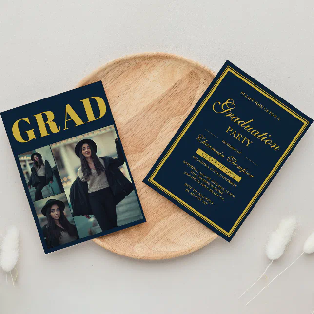 Simple Photo Gold Border | Navy Blue Graduation Invitation | Zazzle