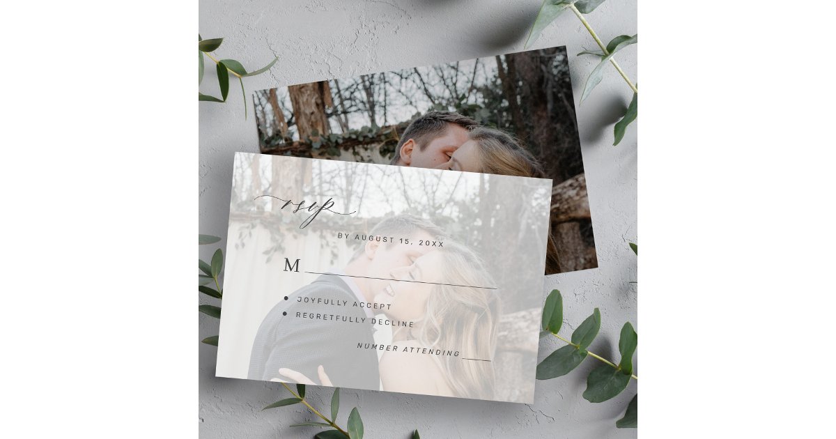 Simple photo overlay black and white wedding RSVP card | Zazzle