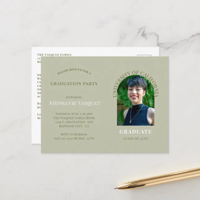 Simple Photo Sage Graduation Party Invitation Postcard | Zazzle