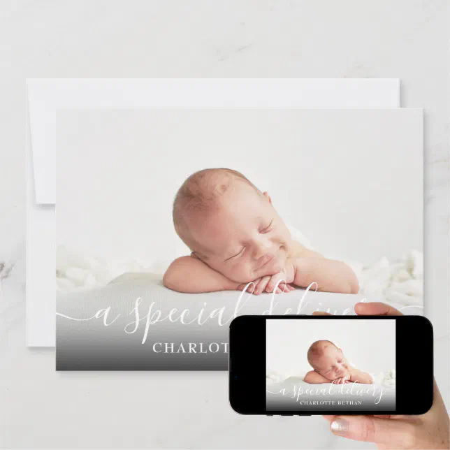 Simple Photo Script Baby Girl Pink Birth Announcement | Zazzle