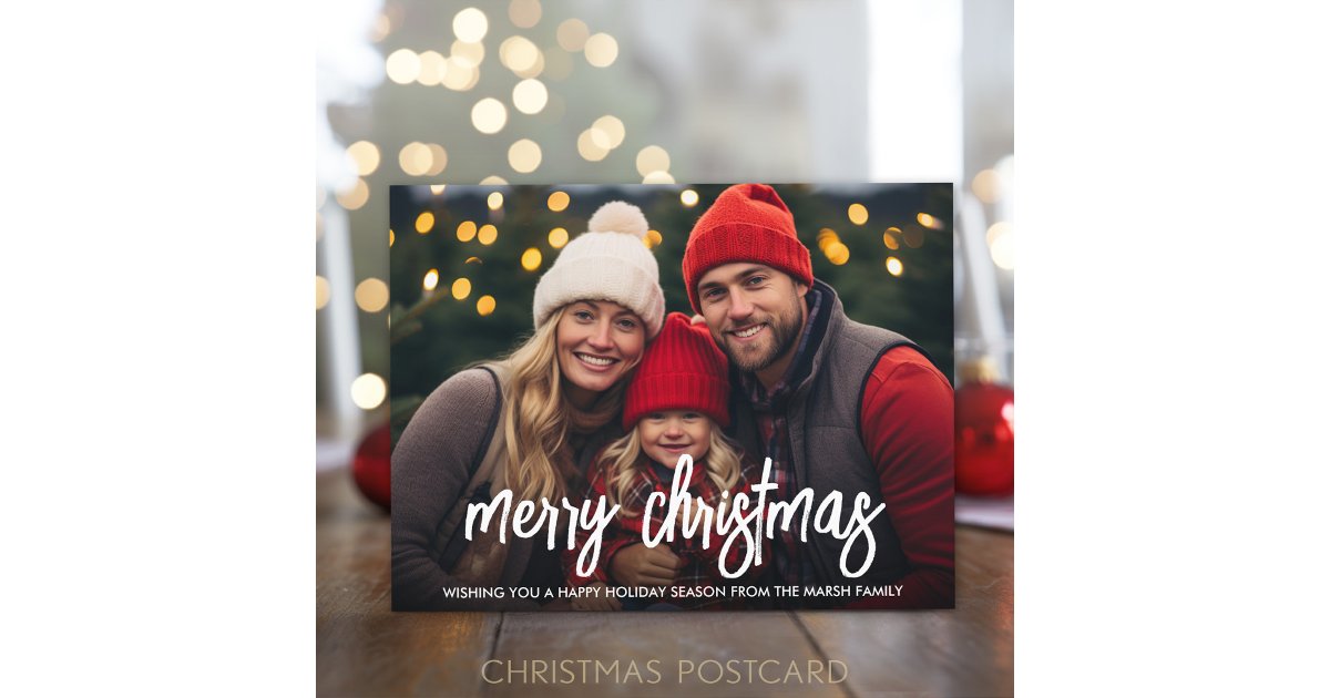 Simple Photo with white Merry Christmas Script Holiday Postcard | Zazzle