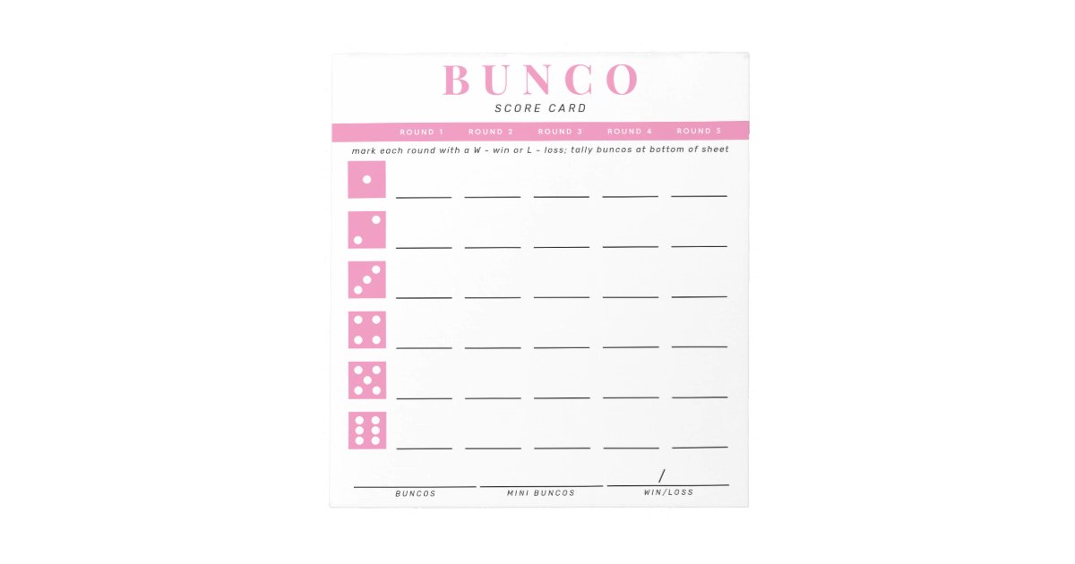 Simple Pink and White Bunco Score Card Notepad | Zazzle