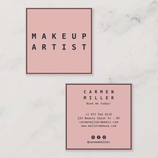 Simple pink black bold font border makeup artist square business card ...