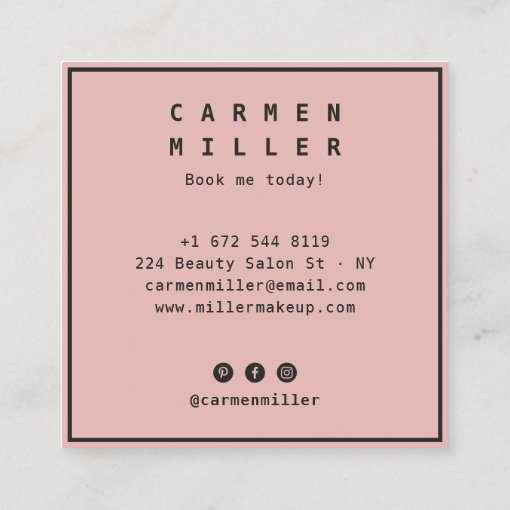 Simple pink black bold font border makeup artist square business card ...