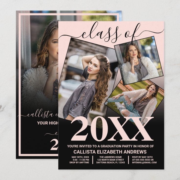Simple Pink Black Ombre Graduation Photo Collage Invitation | Zazzle