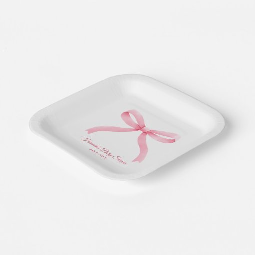 Simple Pink Bow Girly Baby Shower Paper Plates | Zazzle
