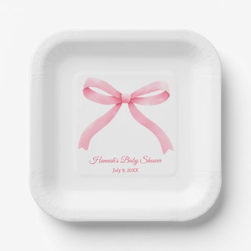 Simple Pink Bow Girly Baby Shower Paper Plates | Zazzle