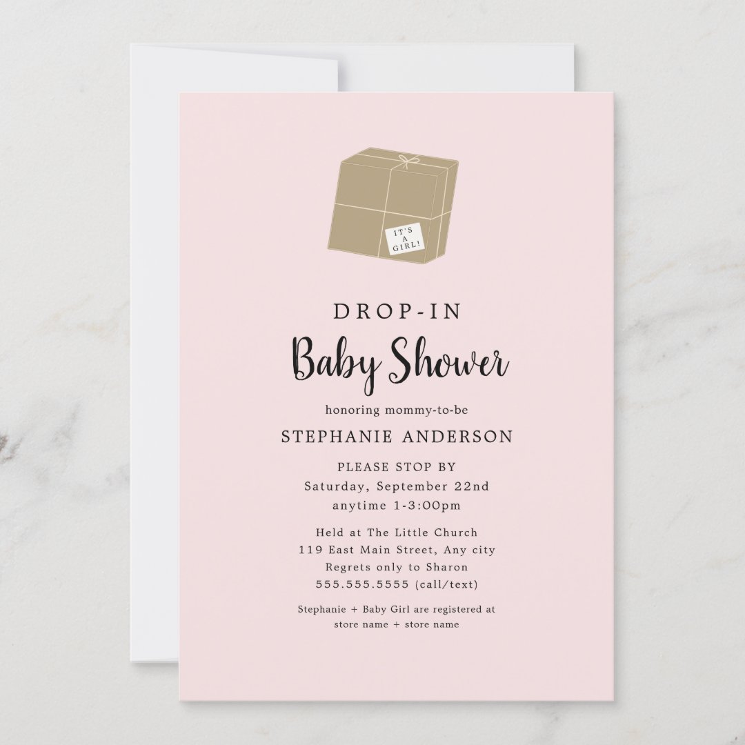 Simple pink DROP-IN Girl Baby Shower Invitation | Zazzle