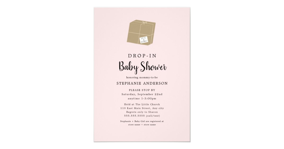 Simple pink DROP-IN Girl Baby Shower Invitation | Zazzle.com