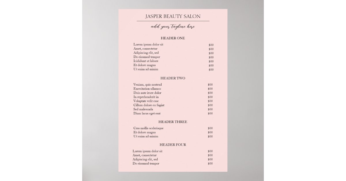 Simple Pink Elegant Modern Business Price List Poster | Zazzle