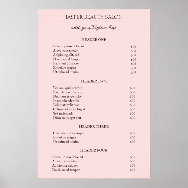 Simple Pink Elegant Modern Business Price List Poster | Zazzle