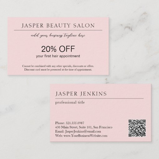 Simple Pink Elegant Professional QR Code Modern Discount Card | Zazzle