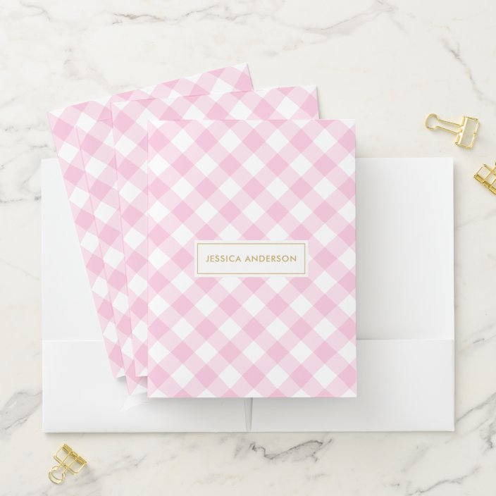 Simple Pink Gingham Plaid Pattern | Name Pocket Folder | Zazzle.com