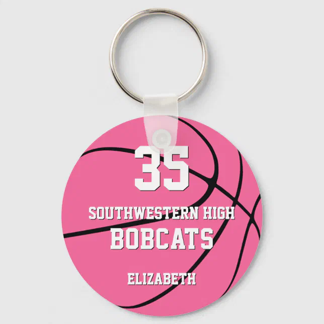 simple pink girl's sports basketball team name keychain | Zazzle