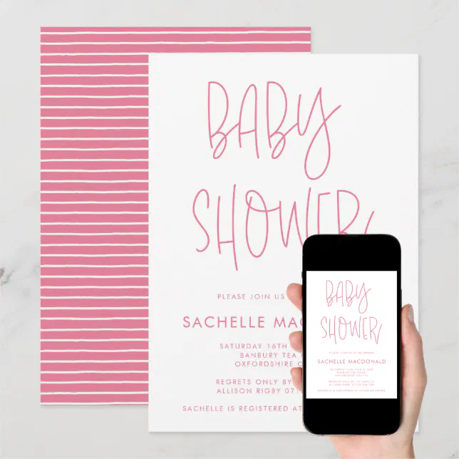 Simple Pink Handwriting Baby Shower Invitation | Zazzle