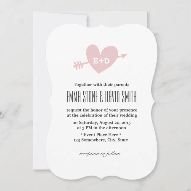 Simple Pink Heart & Arrow Love Wedding Invitations | Zazzle
